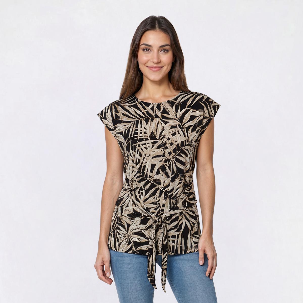 Click here for Petite Kasper Extend Shoulder Leaf Tie Front Blous... prices